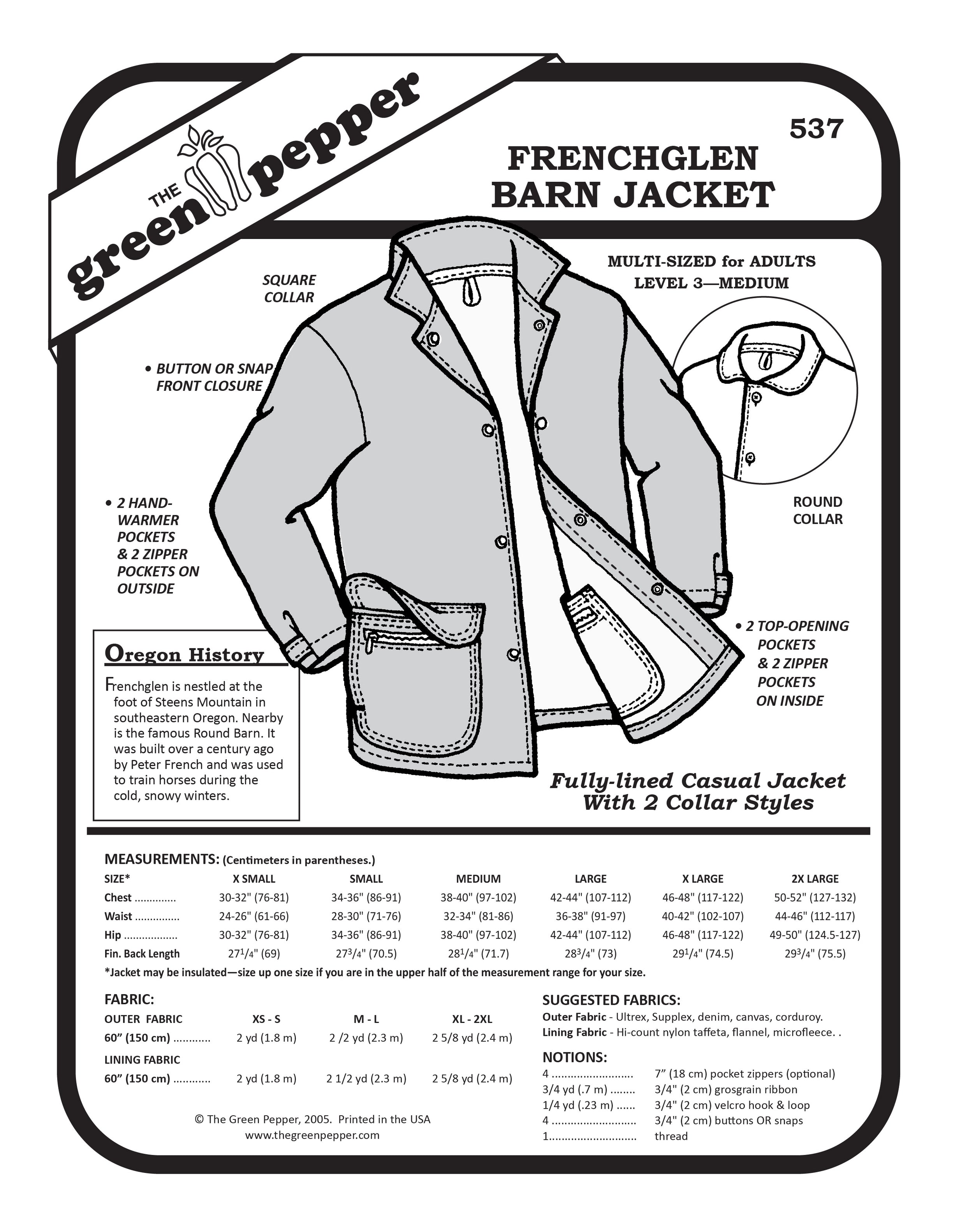537 – Adult's Frenchglen Barn Jacket Pattern – The Green Pepper